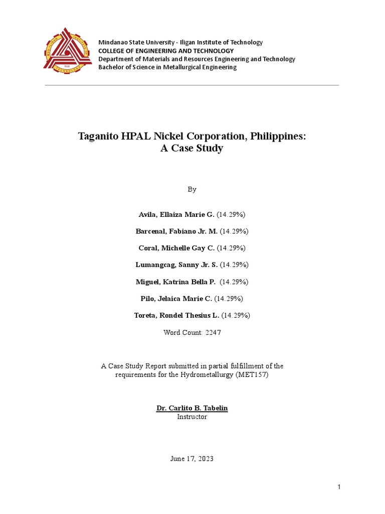 FINAL Taganito HPAL Nickel Corporation | PDF | Nickel | Mining