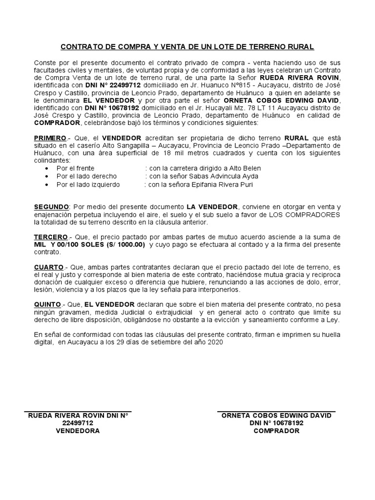 01 Contrato de Compra Venta de Un Lote de Terreno Ruda Rivera | PDF | Derecho civil (sistema ...