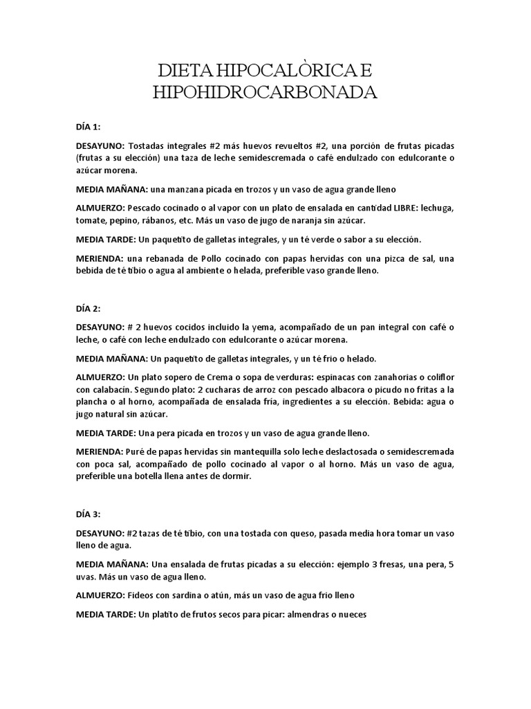 DIETA HIPOCALÒRICA E HIPOHIDROCARBONADA | PDF | ensalada | Almuerzo