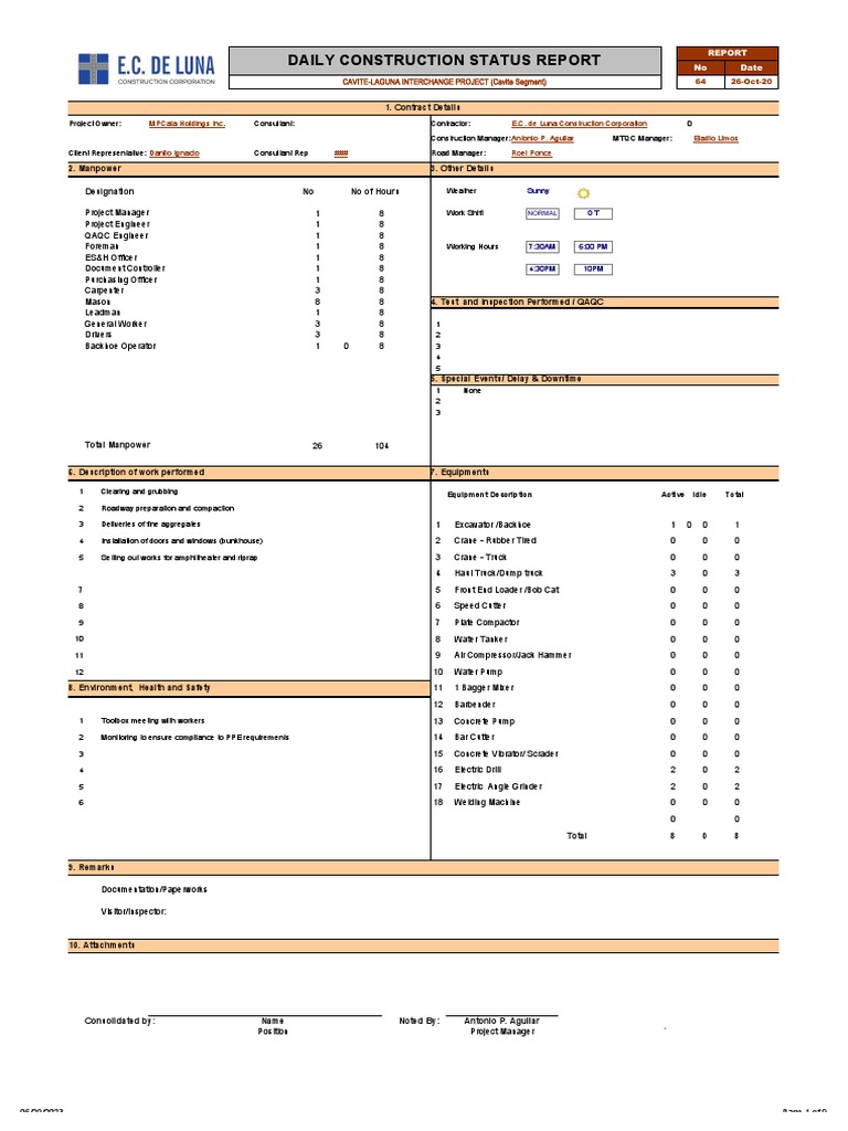 Daily Construction Report Sample | Download Free PDF | Construction ...