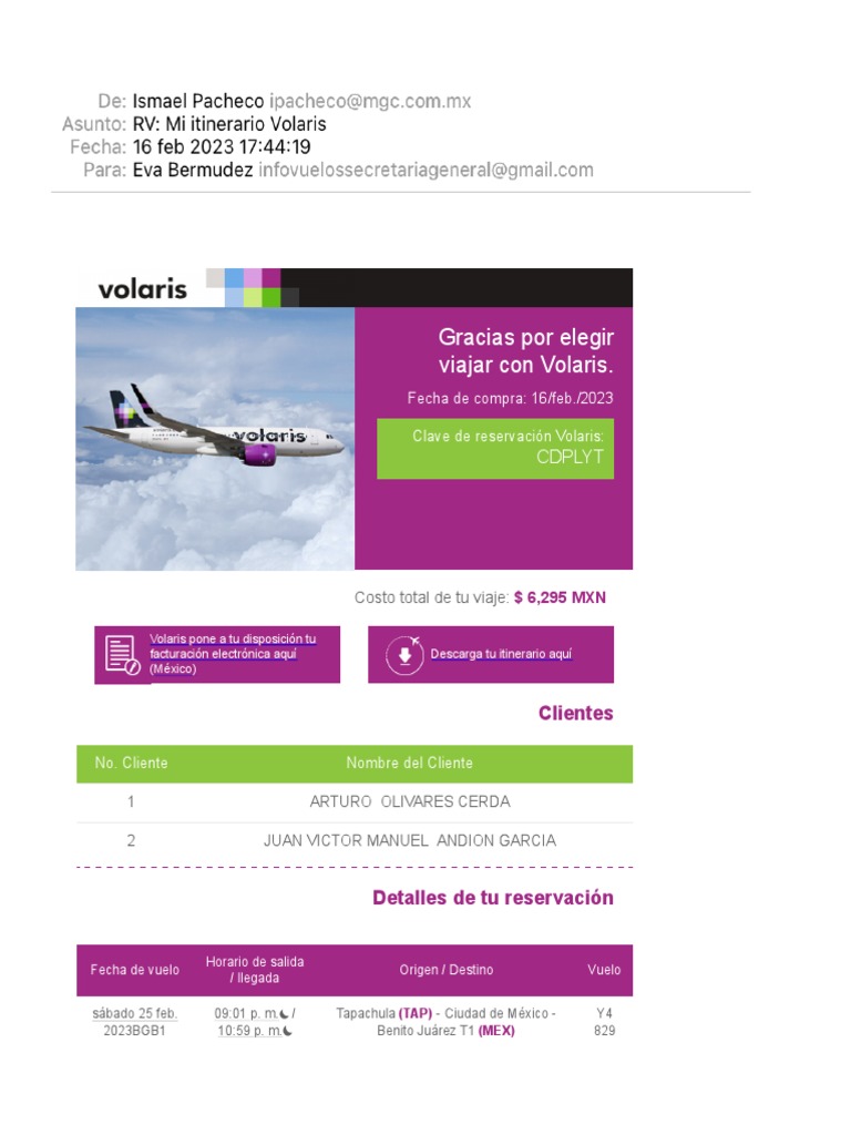 Itinerario y detalles de vuelo Volaris | PDF