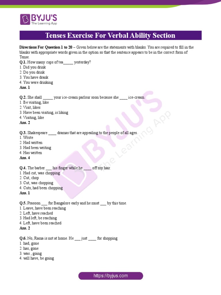Tenses Exercise For Verbal Ability Section | PDF