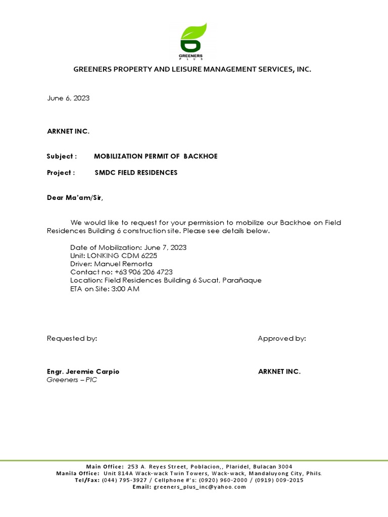 Mobilization Permit Request for Backhoe | PDF