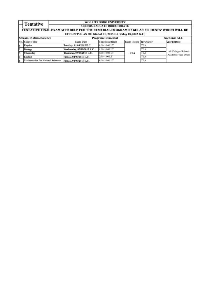 Wolaita Sodo University Exam Schedule | PDF