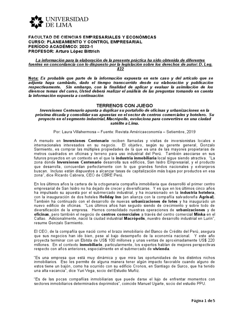 Inversiones Centenario: Crecimiento Inmobiliario 2023 | PDF | Lima | Perú