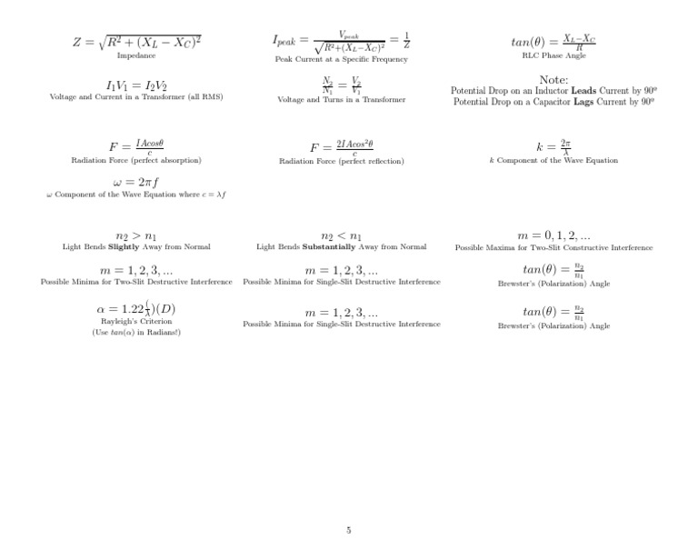 Purdue PHYS 241 Final Exam Crib Sheet - Optics and AC Circuits | PDF ...