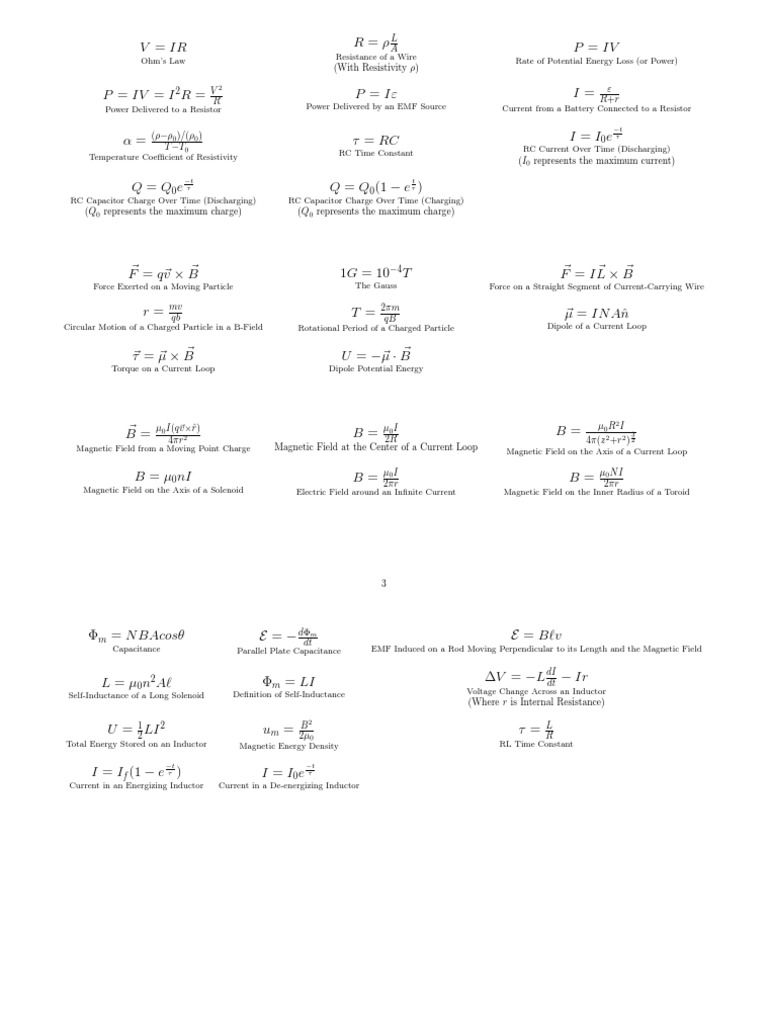Purdue PHYS 241 Exam 2 Crib Sheet - Circuits, Resistance, Induced EMF ...