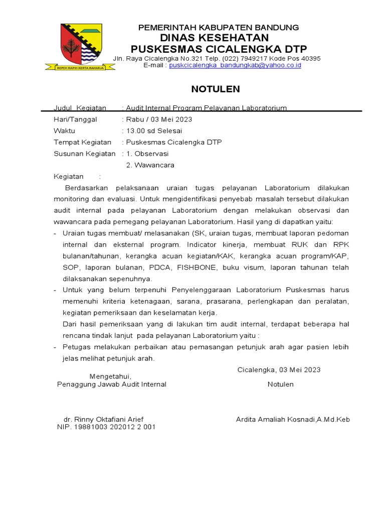 NOTULEN AUDIT Pelayanan Laboratorium 2023 | PDF | Teknologi & Rekayasa