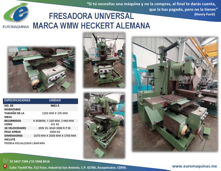 3661 e Fresadora Universal Marca WMW Heckert Alemana Compressed | PDF