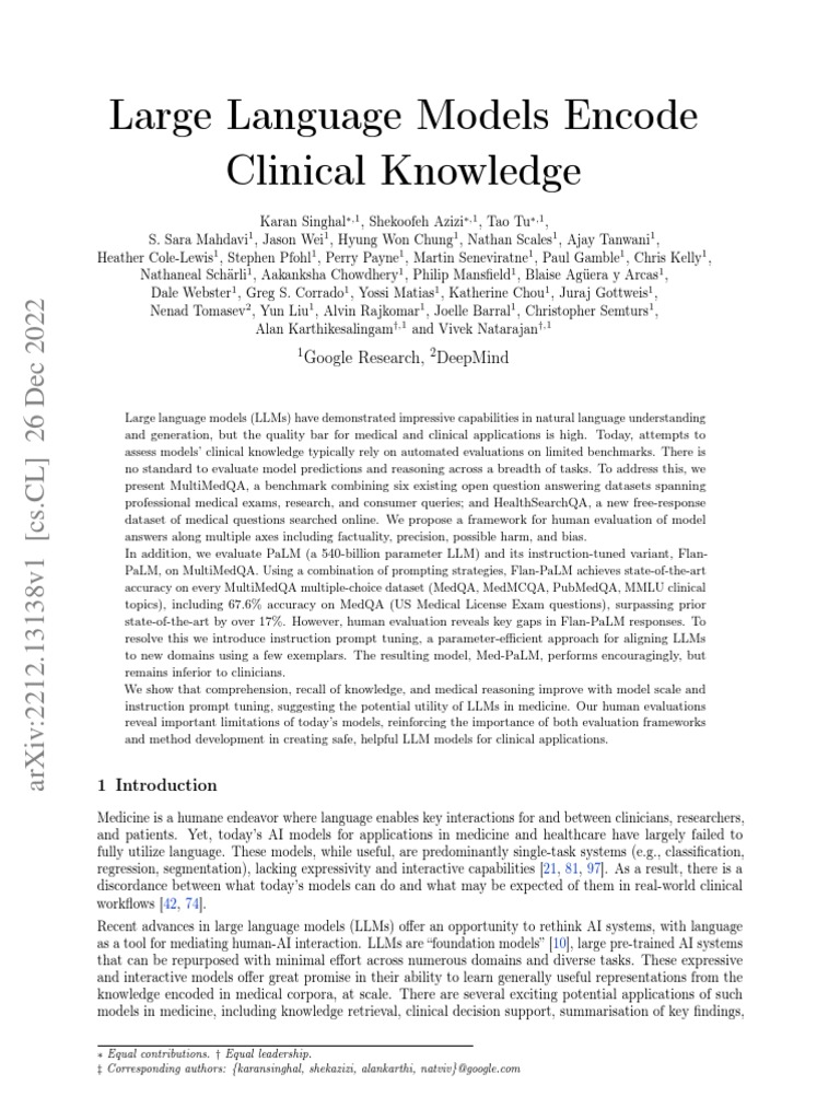 Large Language Models Encode Clinical Knowledge: Google Research, Deepmind | PDF | Multiple ...