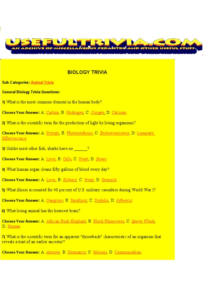 Biology Trivia I | Download Free PDF | Biology | Human Body