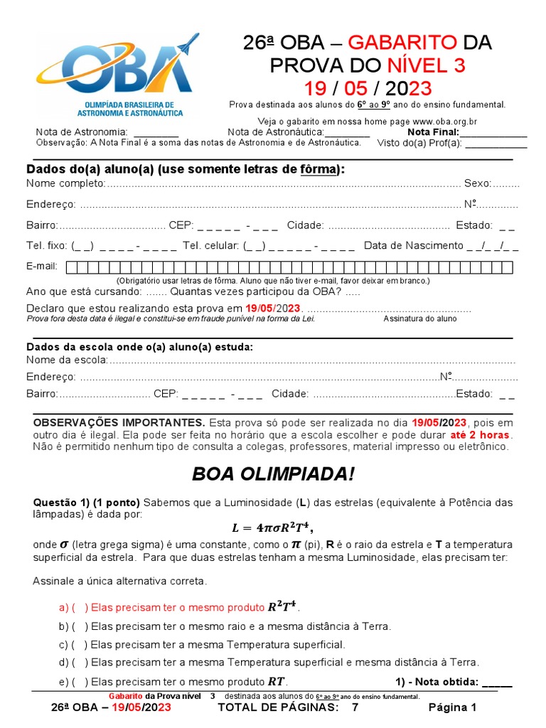 Prova Nível 3 Da 26 OBA de 2023 - GABARITO | PDF | Planetas | Estrelas