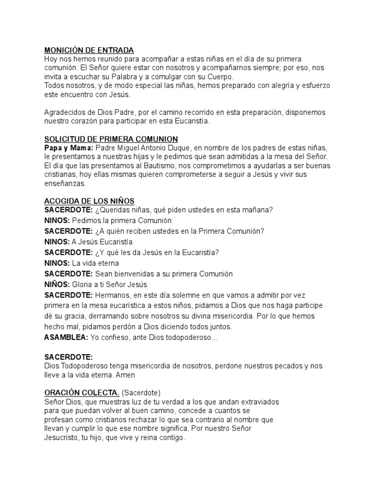 Guion de Misa para Primera Comunión | PDF | eucaristía | Sacerdote