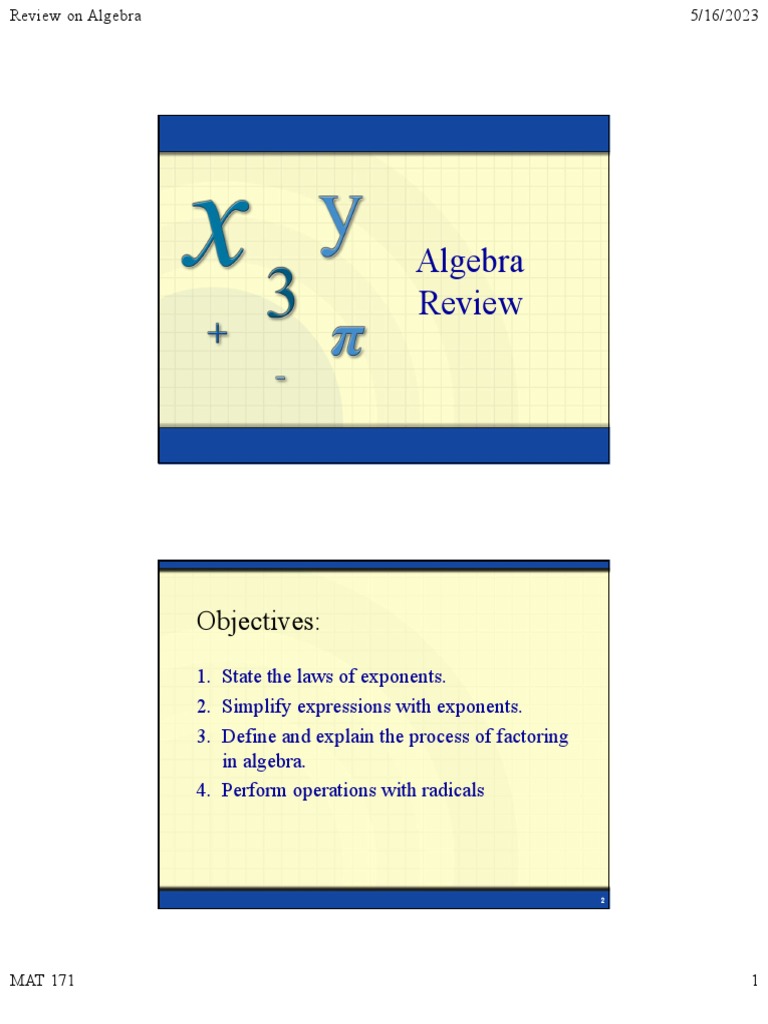 Review On Algebra | PDF | Division (Mathematics) | Factorization