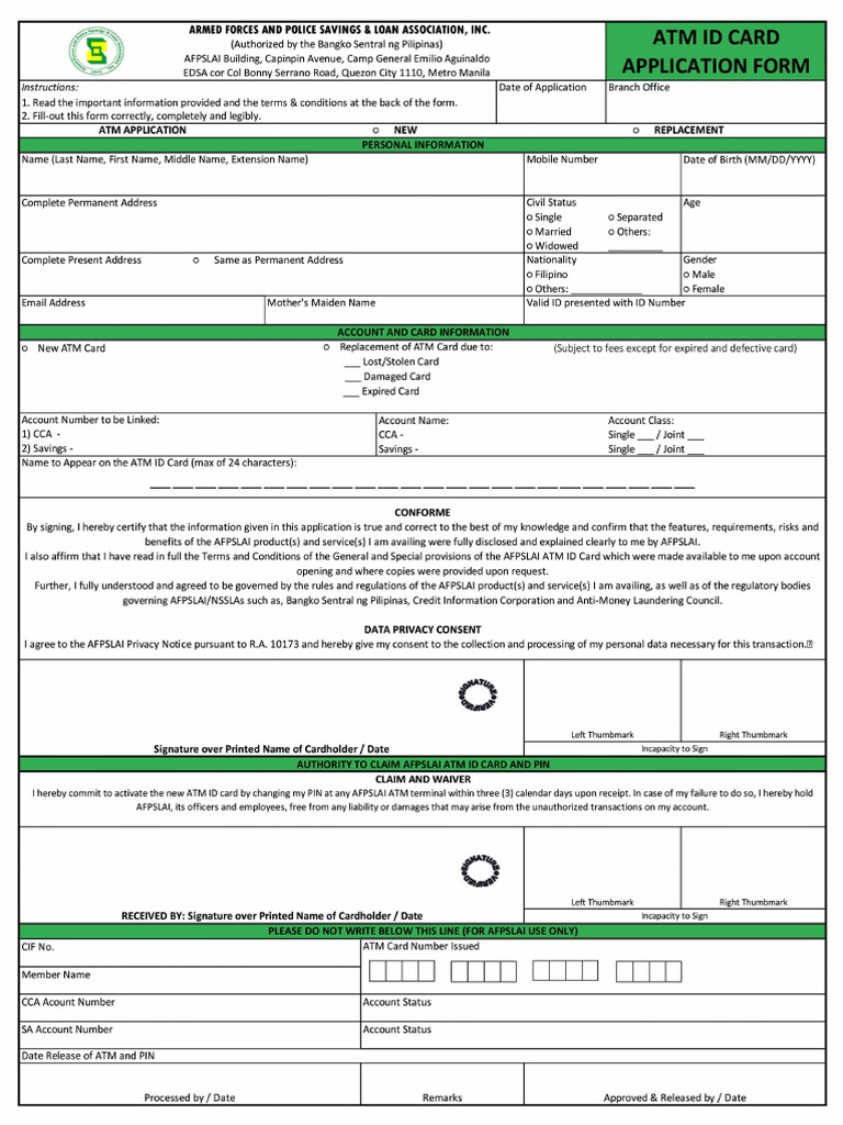 ATM Application Form - Afpslai | PDF