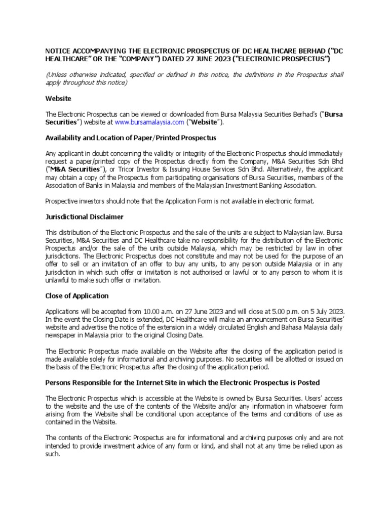 DC Healthcare Holdings Berhad - IPO Prospectus - 27 June 2023 (Part 1 ...