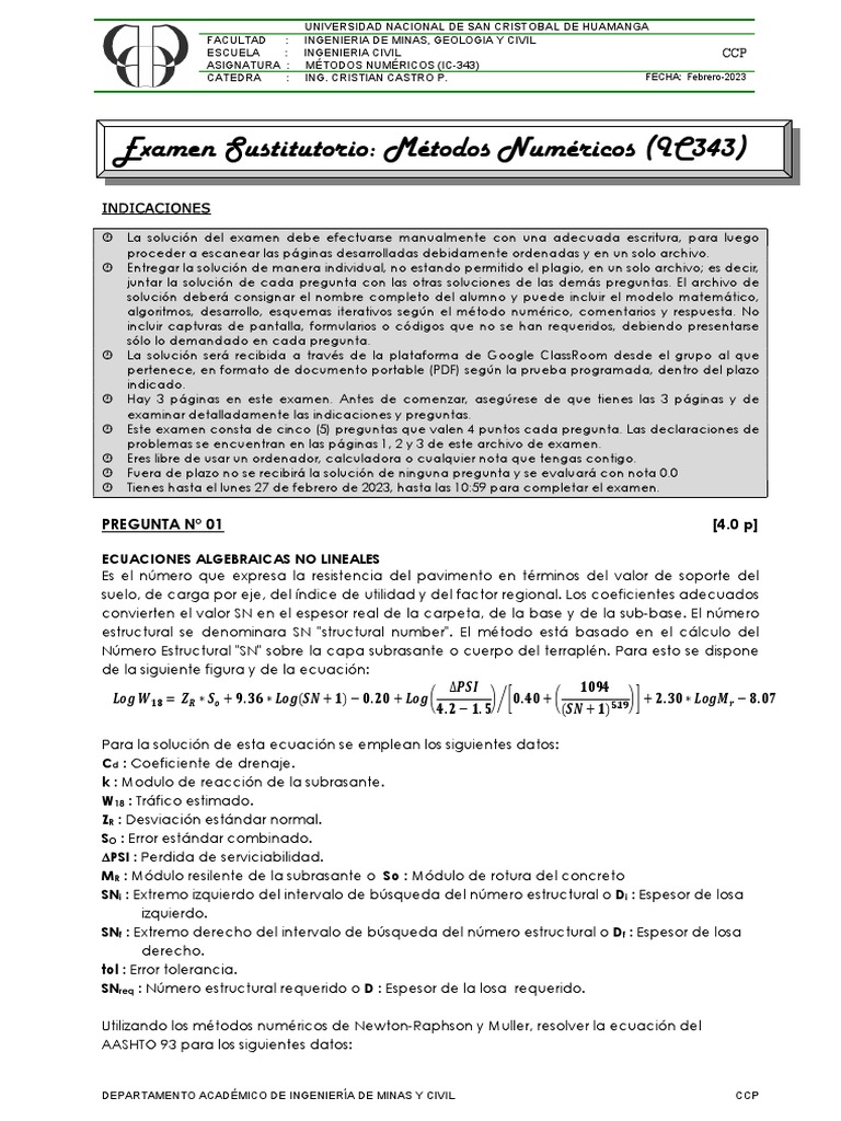 Examen Sustitutorio de Métodos Numéricos (IC-343) | PDF | Análisis numérico | Ecuaciones