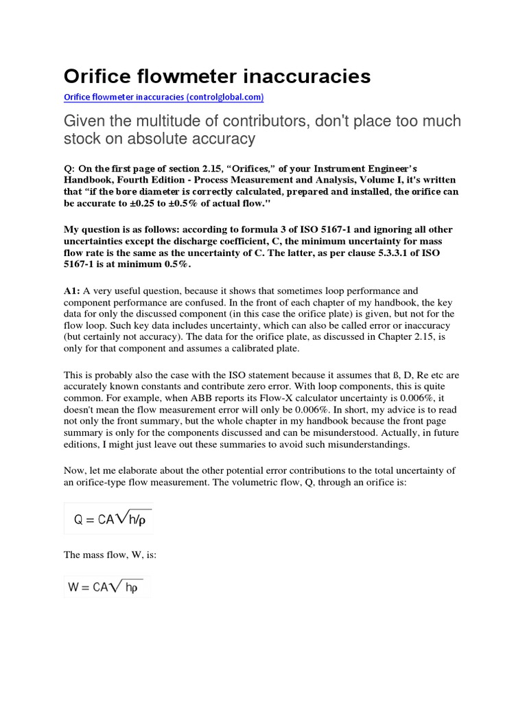 Orifice Flowmeter Inaccuracies | PDF | Flow Measurement | Accuracy And ...