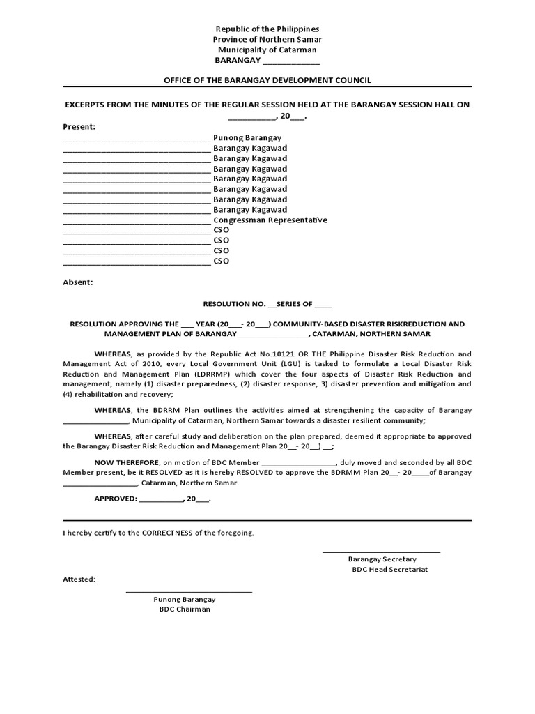 BDC Resolution Approving The BDRRM Plan | PDF | Emergency Management ...