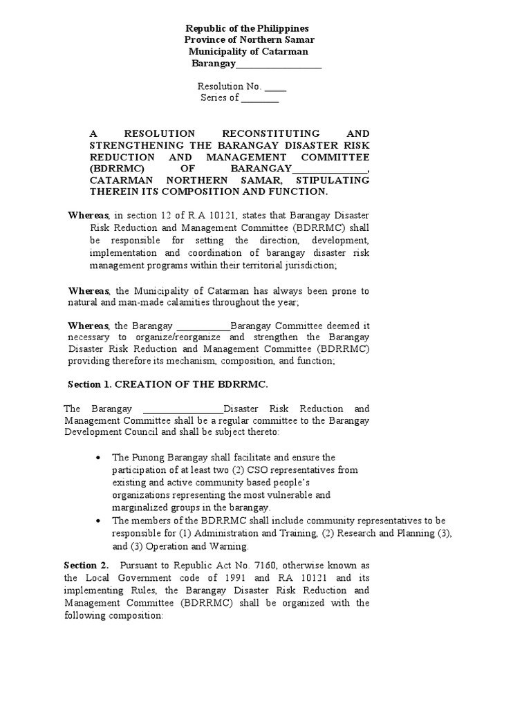 Bdrrmc Reso Pdf Emergency Management Disaster Risk Reduction