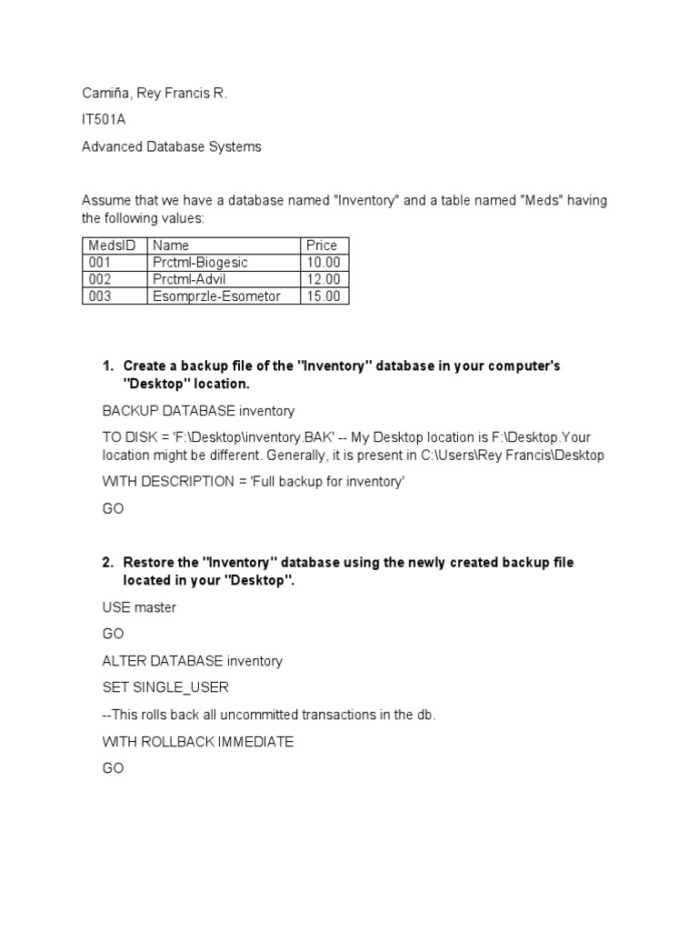 Camiña, Francis - Advanced Database Systems - 06 Practice Exercise 1 | PDF