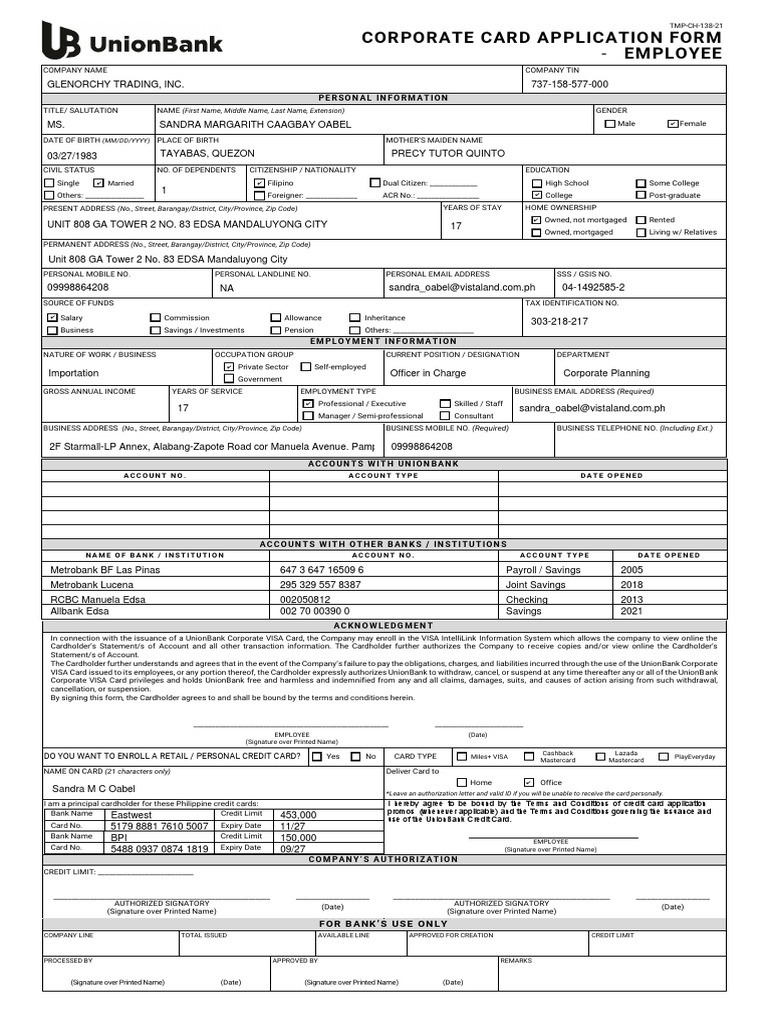 New UBP Corporate Card Application - Employee - New Fillable (SCO ...