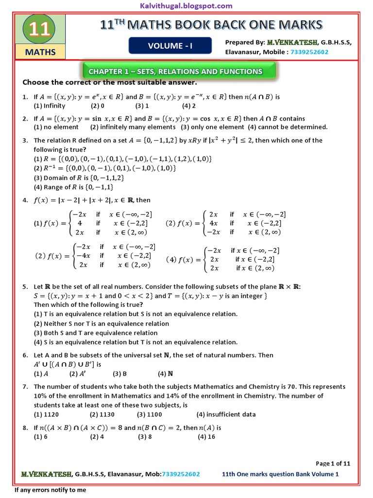 11th Maths 1 Marks Question Bank Book Back-1 | PDF | Elementary ...