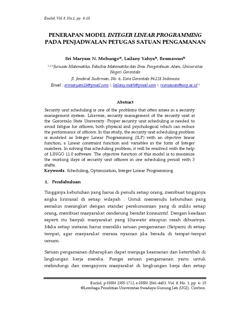 Penerapan Model Integer Linear Programming Pada Penjadwalan Petugas Satuan Pengamanan | PDF