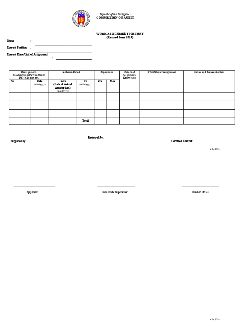 Work Assignment History Revised June2019 Pdf