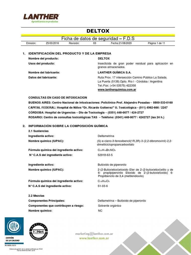 Ficha Técnica Deltox - Insecticida | PDF | Agua | Residuos