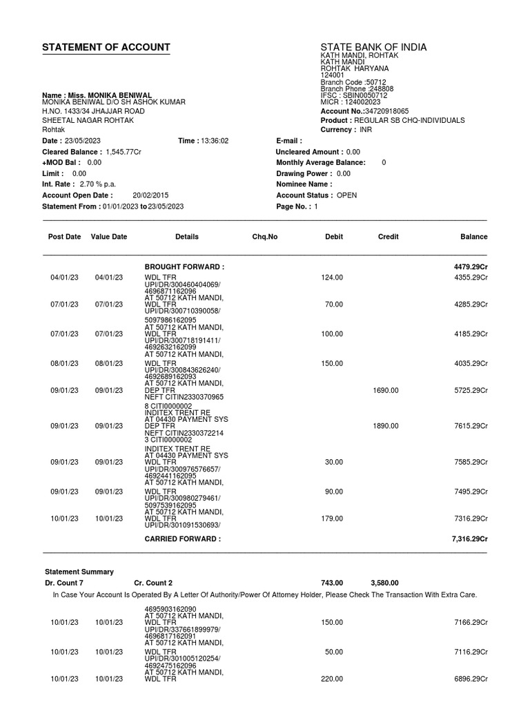 Bank Statement - Work Experience | PDF | Debit Card | Debits And Credits