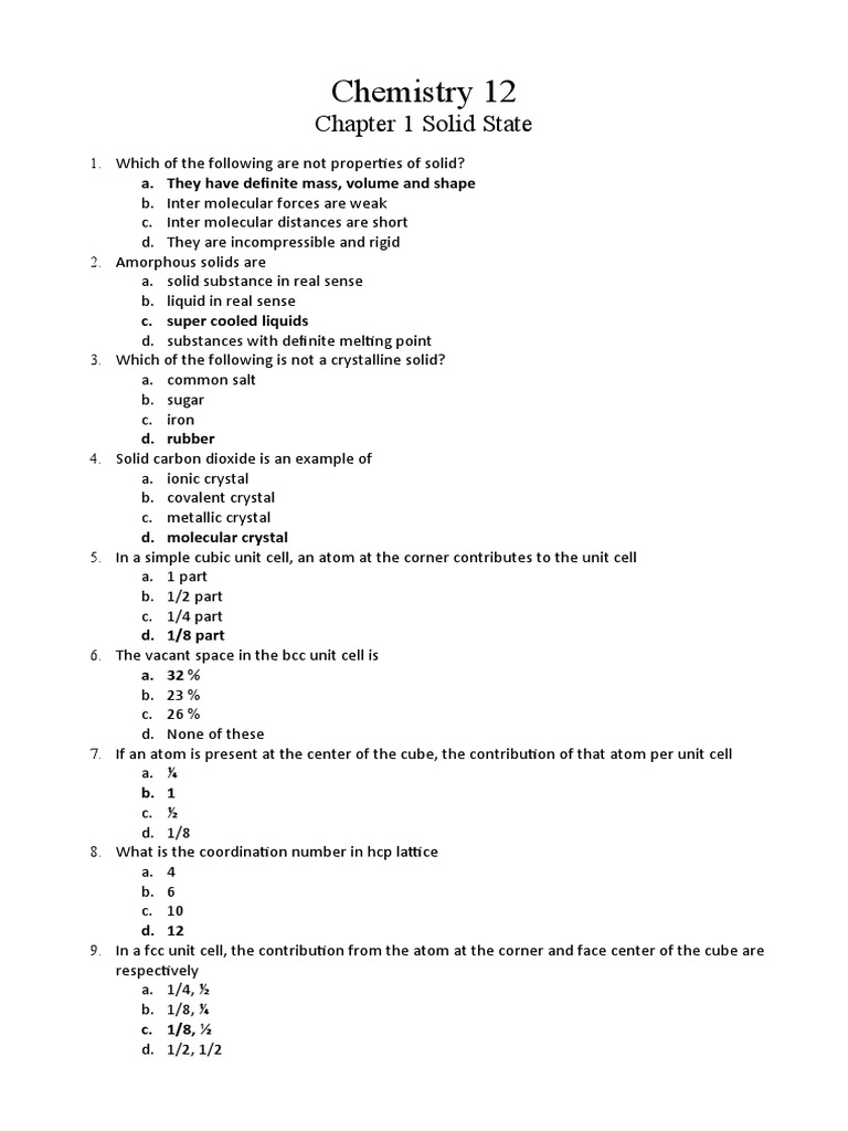 MCQ Of Chapter 1 2 3 And 7 Class XII Chemistry PDF Chlorine Anode