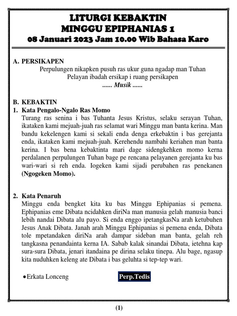 01 Lit Minggu Epiphanias 1 - 08 Januari 2023 - Bhs - Karo | PDF | Agama ...