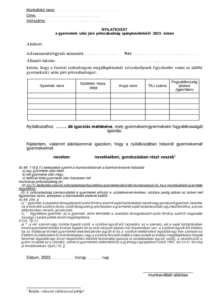2023 - Nyilatkozat Gyermek Után Járó Pótszabadságról | PDF