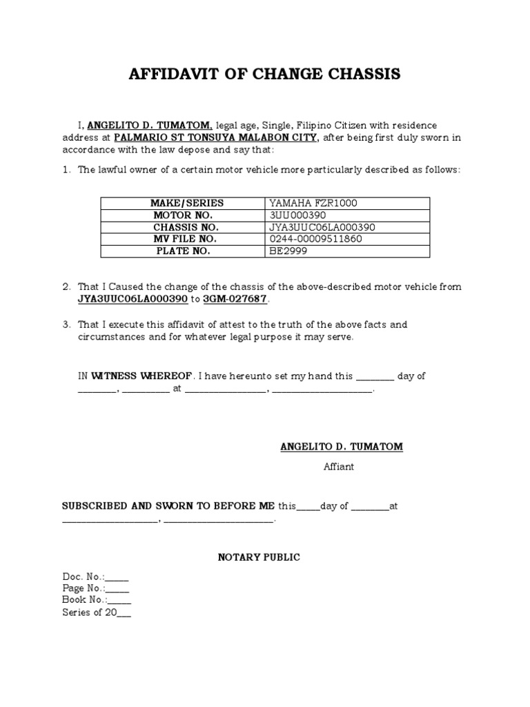 Affidavit for Chassis Change | PDF | Finance & Money Management | Law