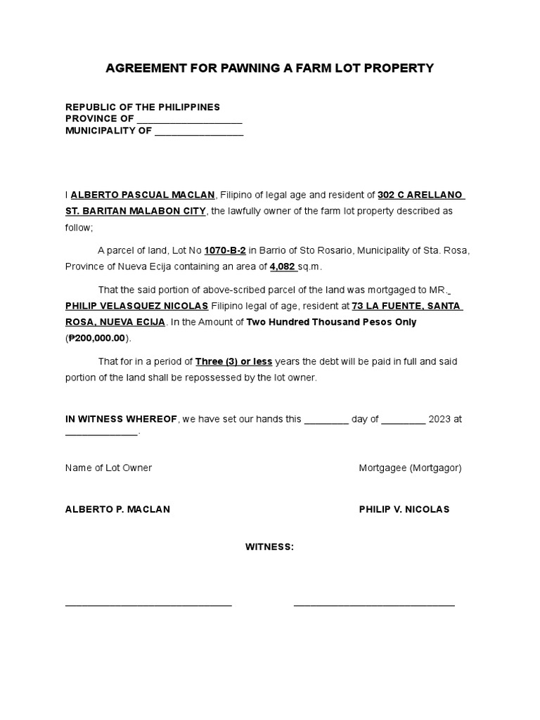 Farm Lot Pawning Agreement Sample | PDF | Politics | Law