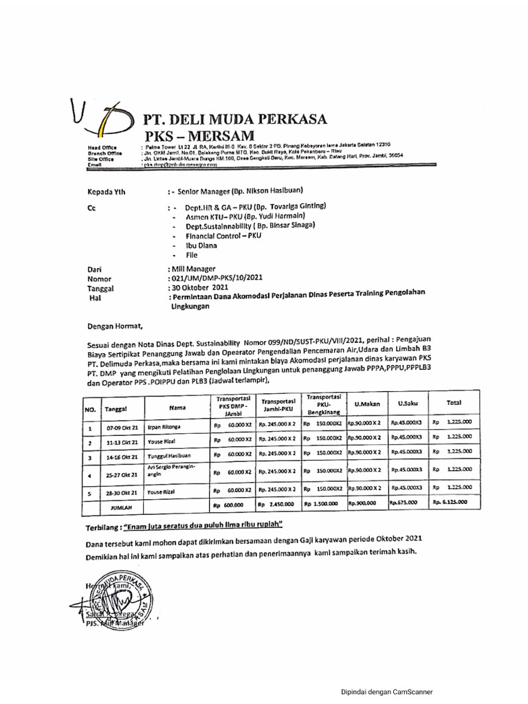 PDO Permintaan Dana Akomodasi Perjalanan Dinas Training Pengelolaan Lingkungan PKS DMP | PDF