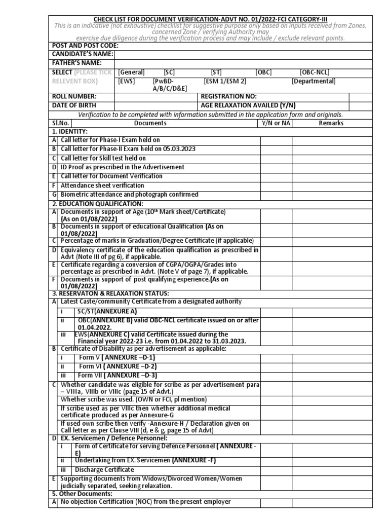 Checklist For DV (Cat-III) | Download Free PDF | Government