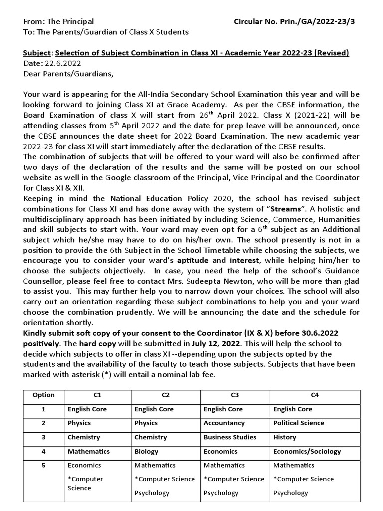 XI Subject Combination Circular No. 02 | PDF | Science