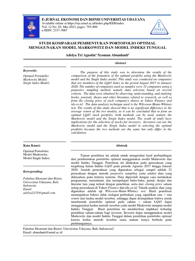 Studi Komparasi Pembentukan Portofolio Optimal Menggunakan Model ...