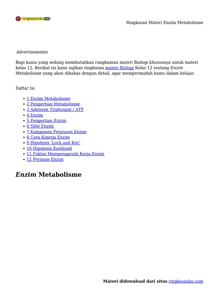 Ringkasan Materi Enzim Metabolisme | PDF