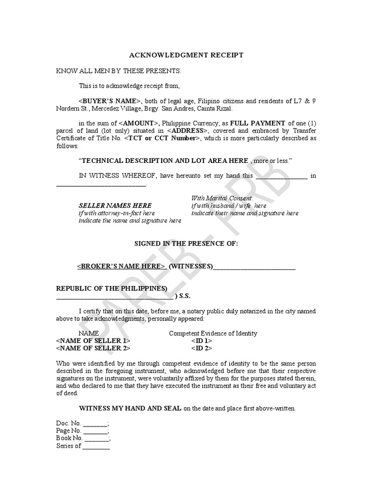 Sample Acknowledgement Receipt Deed of Sale | PDF