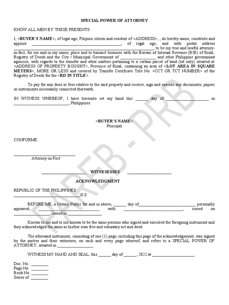 Sample Special Power of Attorney Title Work | PDF | Power Of Attorney ...