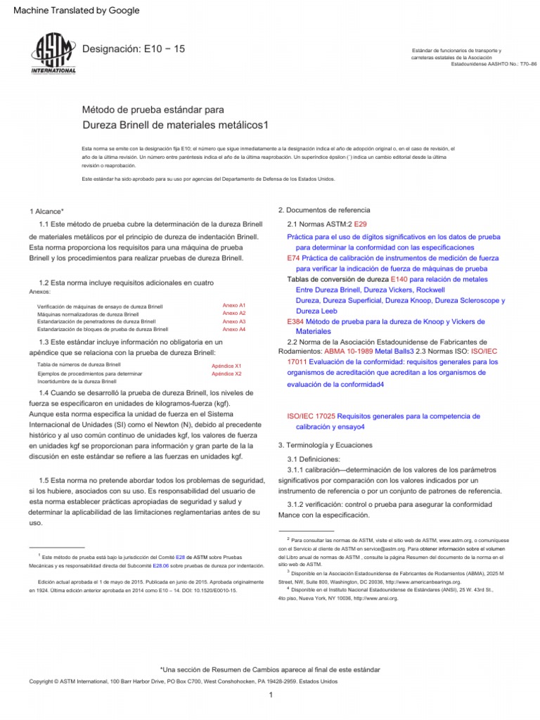 Astm E10-2015 Brinell | PDF | Dureza | Calibración