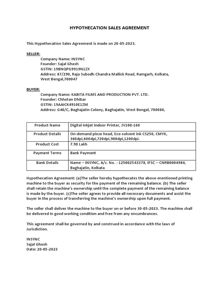 Hypothecation Sales Agreement | PDF