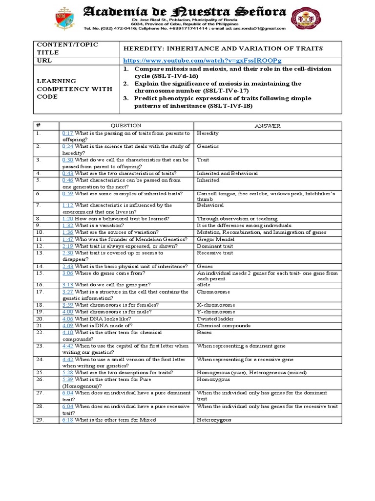 G8 Biology Lesson 2 Heredity Inheritance and Variation of Traits ...