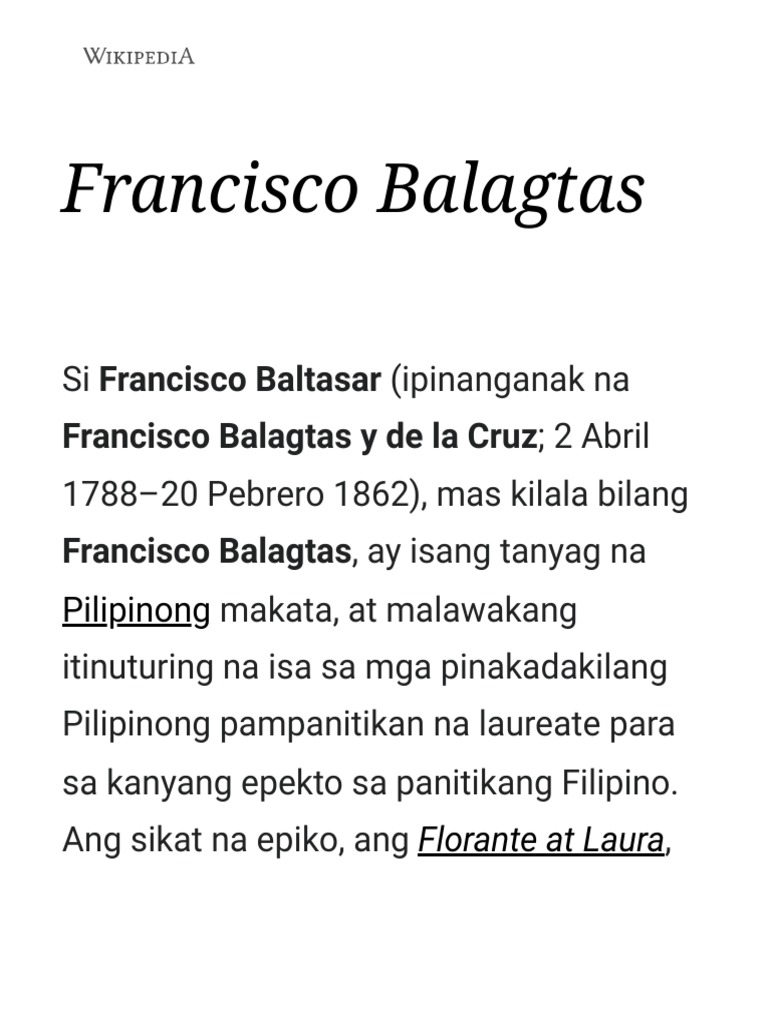 Francisco Balagtas - Wikipedia, Ang Malayang Ensiklopedya | PDF