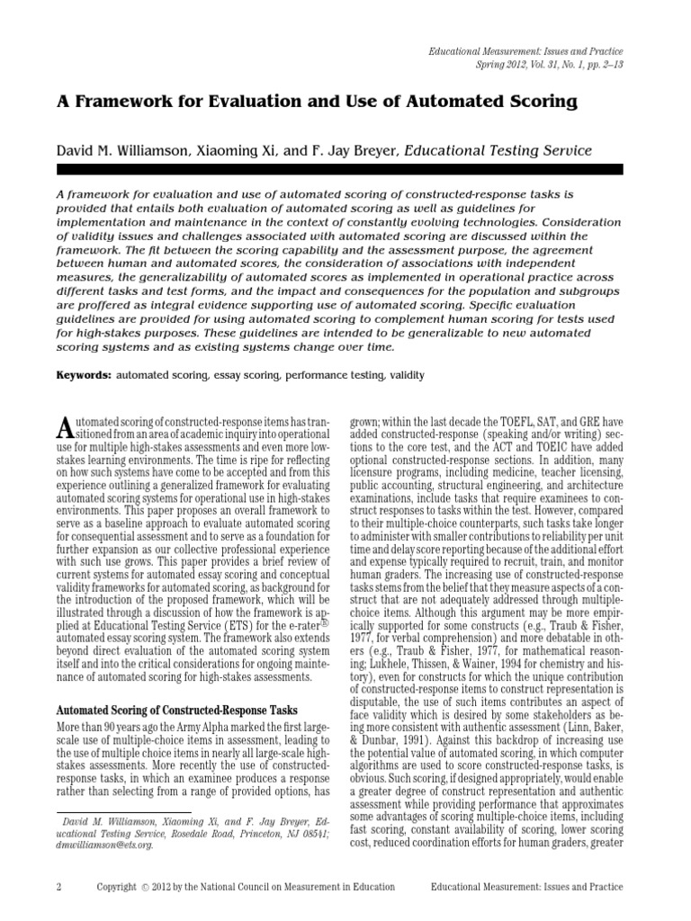 Educational Measurement - 2012 - Williamson - A Framework For Evaluation and Use of Automated ...