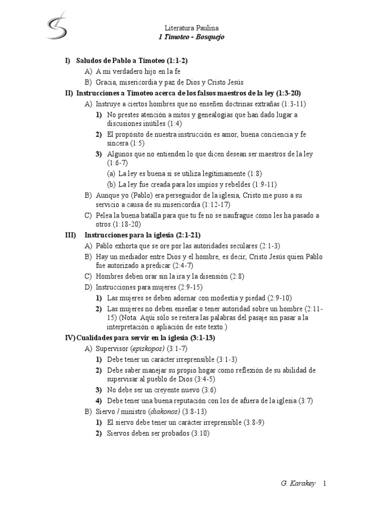 1 Timoteo Bosquejo | PDF | Cristo (título) | Pablo el apóstol