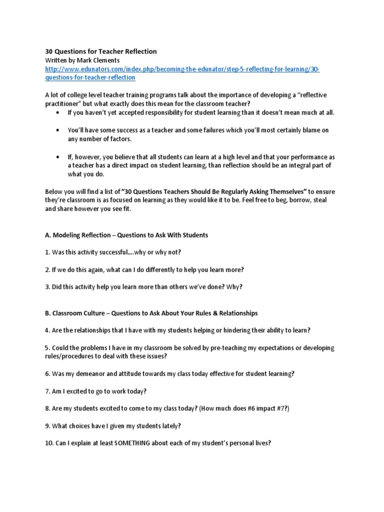 30 Reflective Questions for Teachers | PDF | Teachers | Educational ...